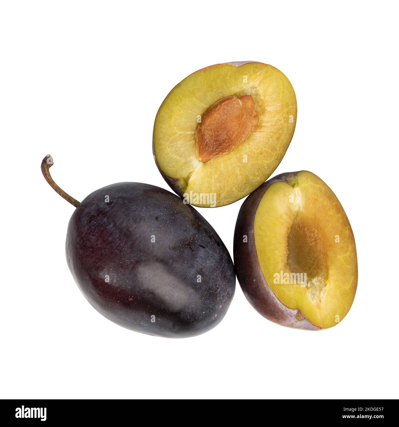 fresh ripe whole and cut plums isolated on white background, broken ...
