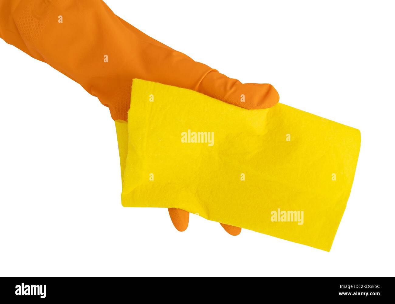 hand in rubber glove holds yellow rag on white background, house ...