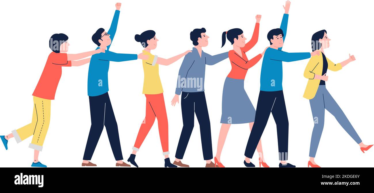 People play train. Fun men and women unit, friends playing together ...