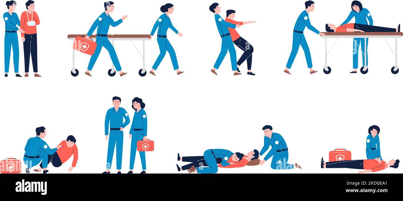 Paramedics at work, save and reanimation people. Rescue paramedic and ambulance, man in accident ...