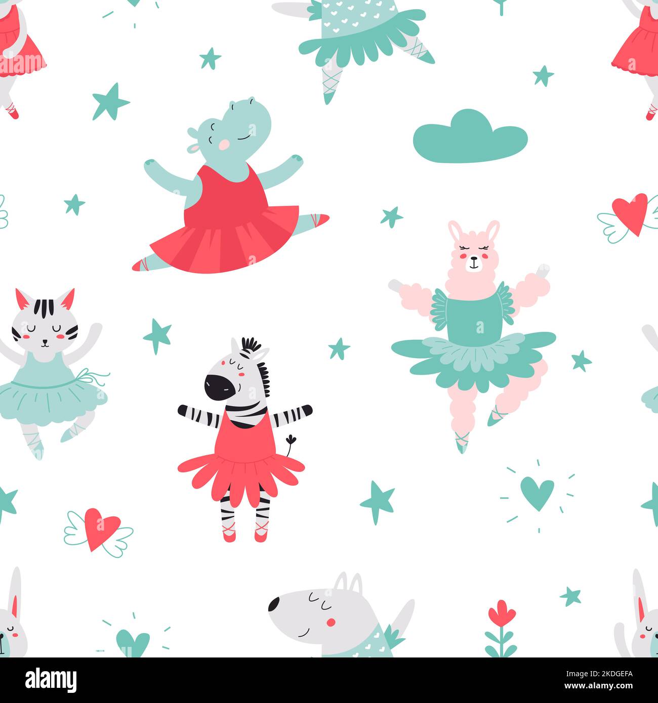 Cute animal ballerina seamless pattern. Dancing bunny fabric print ...