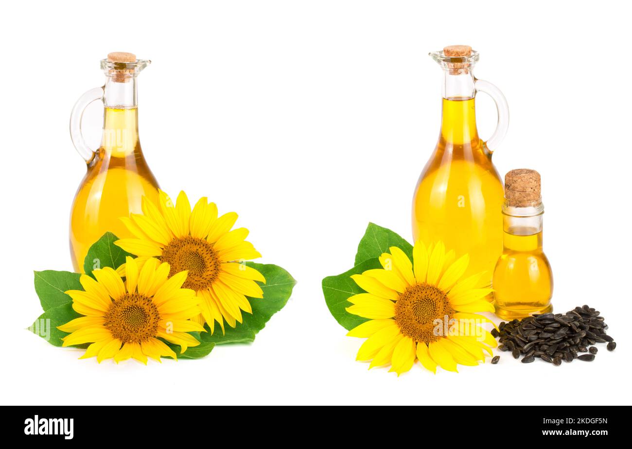 Sunflower oil and flower isolated on white background Stock Photo - Alamy