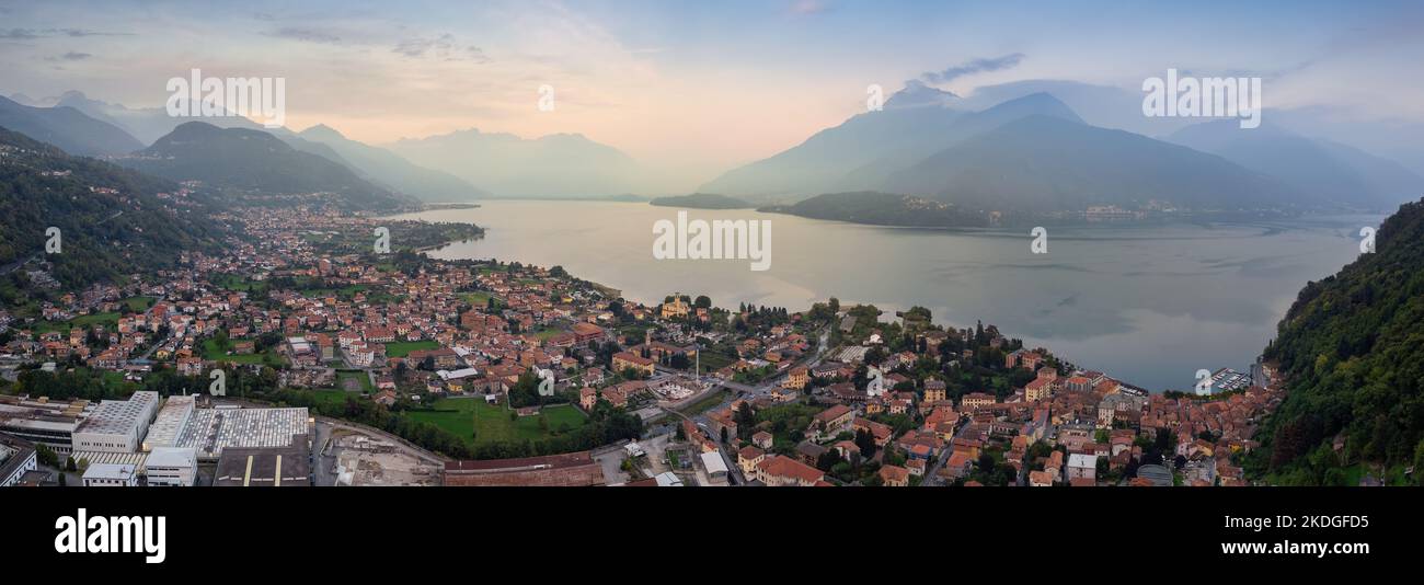 AERIAL VIEW. Scenic picture, postcard view from the lake of a little ...
