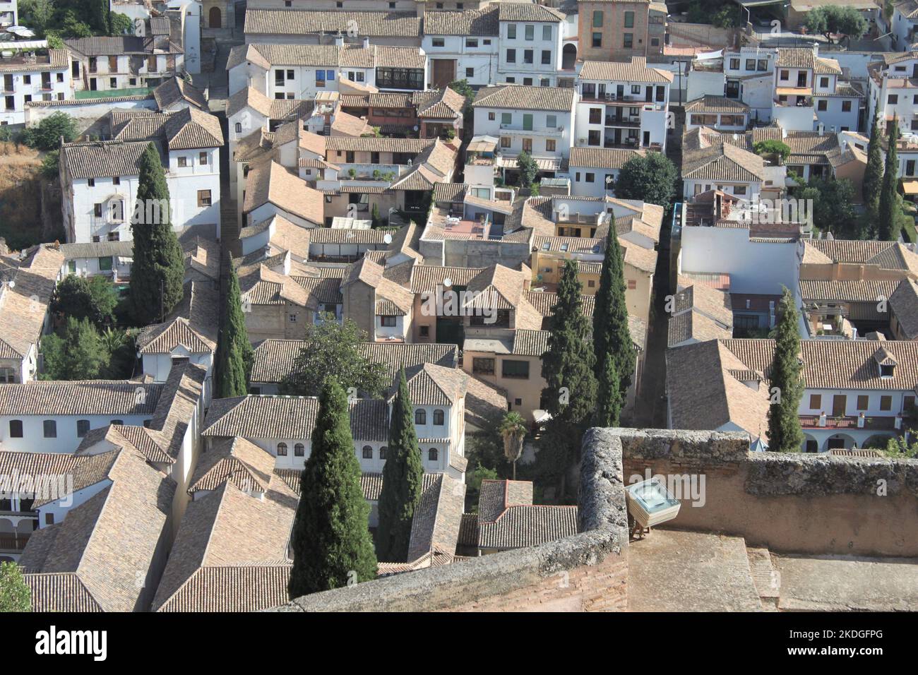 An almost bird's eye view from above towards rooftops in a hisorical ...