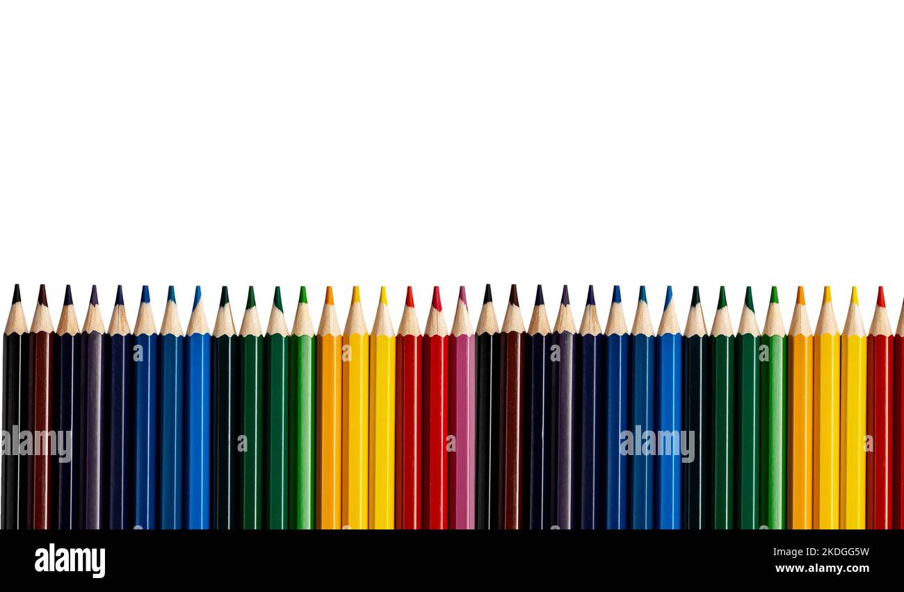 Colored pencils border isolated on white background. Banner with copy ...