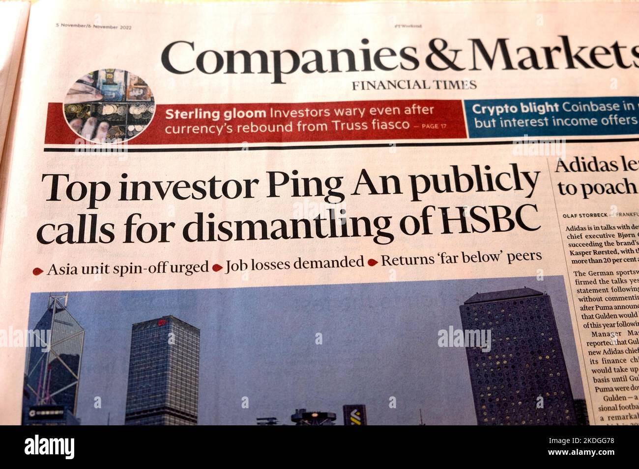 Financial Times newspaper headline 'Top investor Ping An publicly calls ...