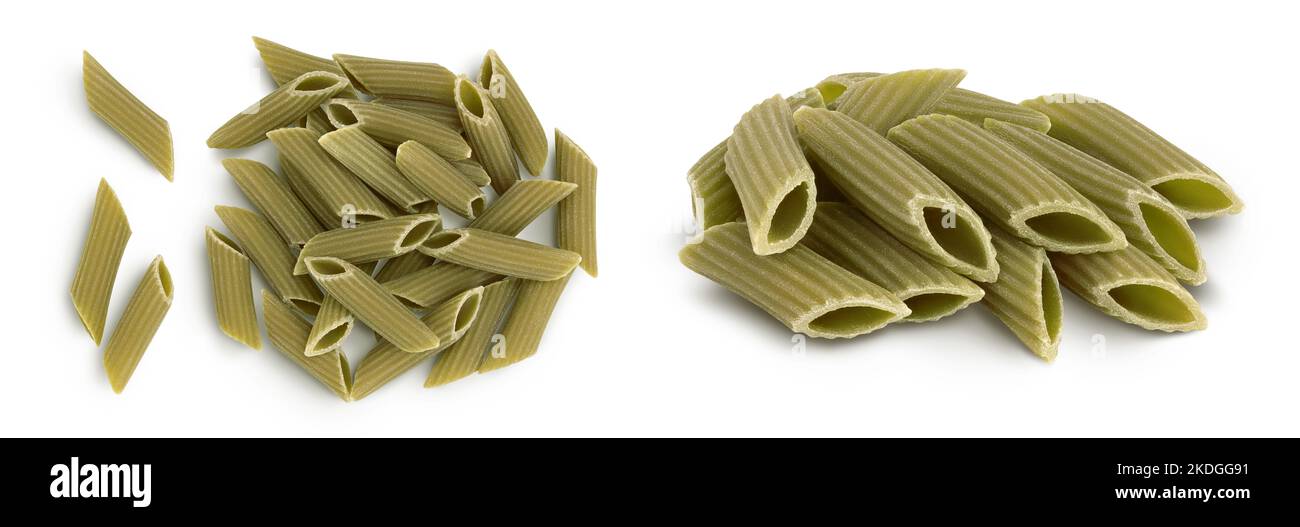 Green pea penne pasta isolated on white background with clipping path ...