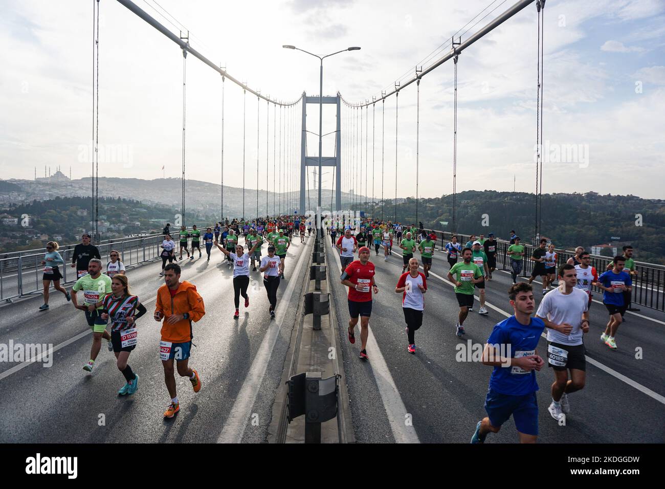 Athletes running on Bosphorus Bridge during the marathon. Istanbul ...