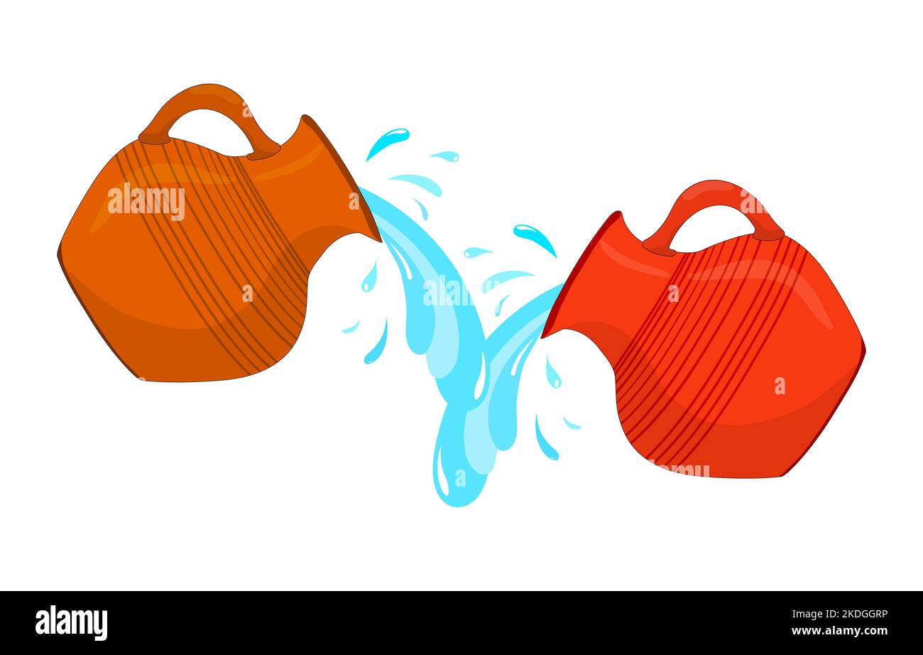 Ceramic, glossy pitcher. Clay jug of water, water is pouring. Dishes ...