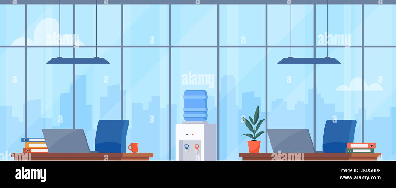 Empty office workspace. Coworking office interior with tables, laptops ...