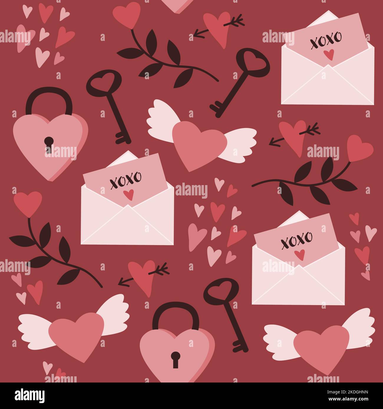 Seamless pattern for Valentine's Day or wedding. Love letter, lock and ...
