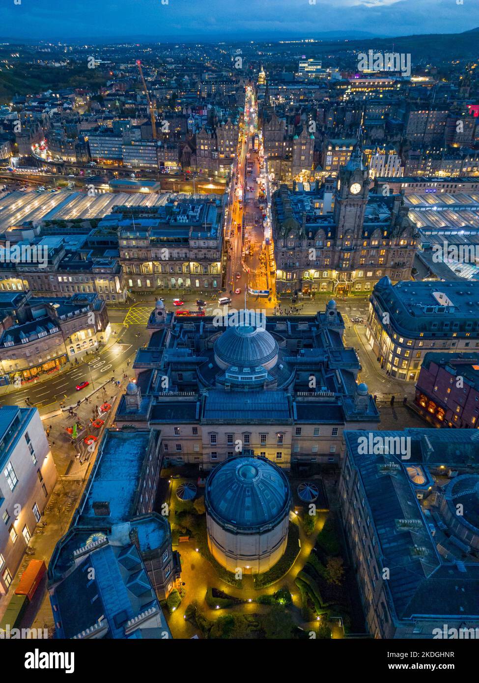 Aerial view of skyline of Edinburgh and General Register House at dusk ...
