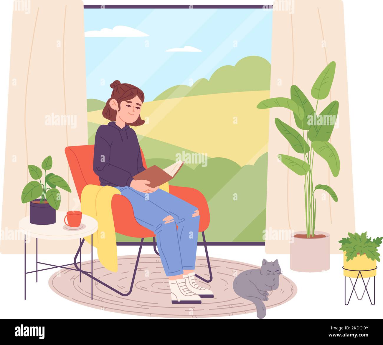 Reader at window. Woman relax sitting on comfortably armchair and ...