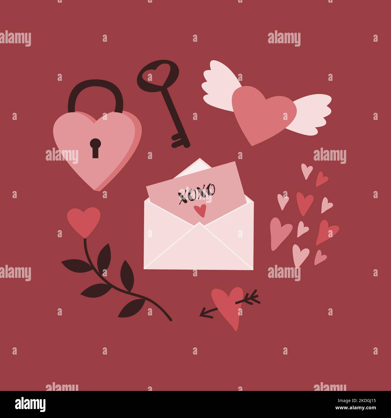 Love icon set for Valentine's Day or wedding. Love letter, lock and key ...