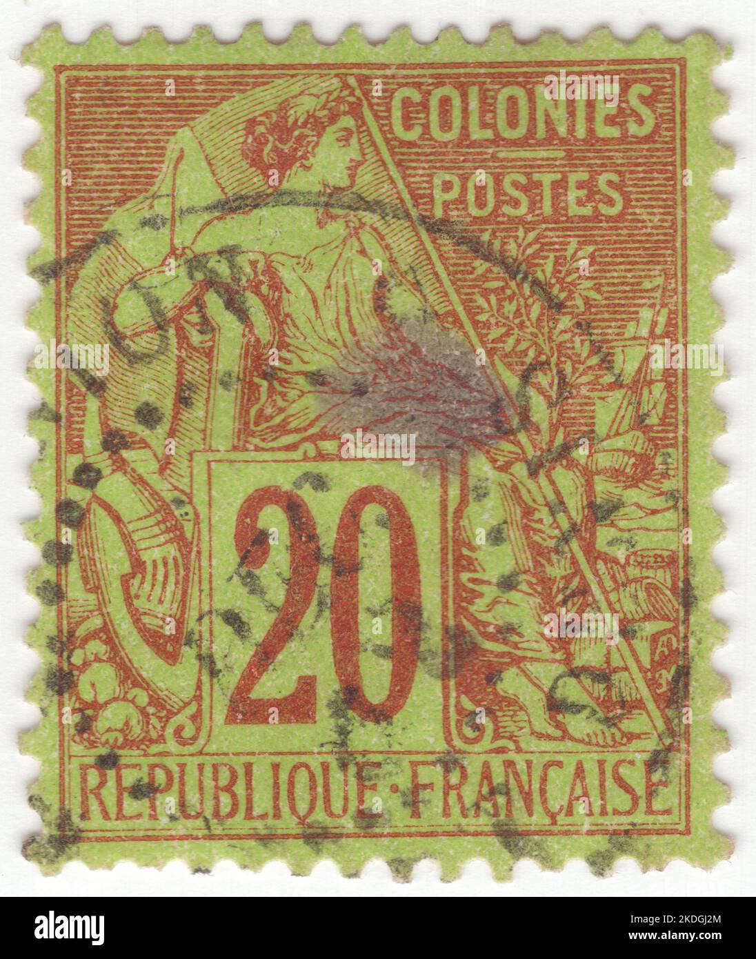 FRENCH COLONIES - 1881: An 20 centimes red on yellow-green postage ...