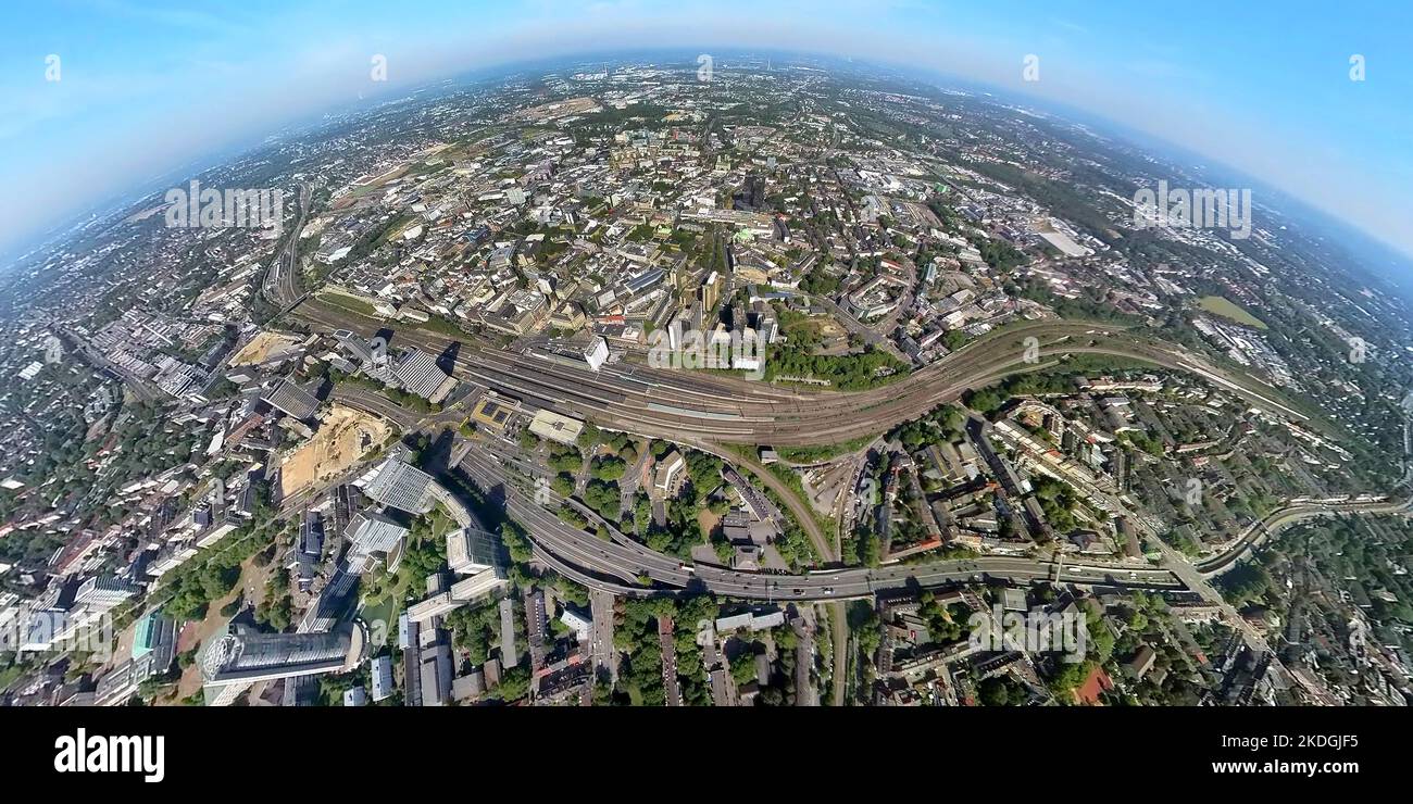 Aerial view, city with main station, fisheye shot, 360 degree shot ...