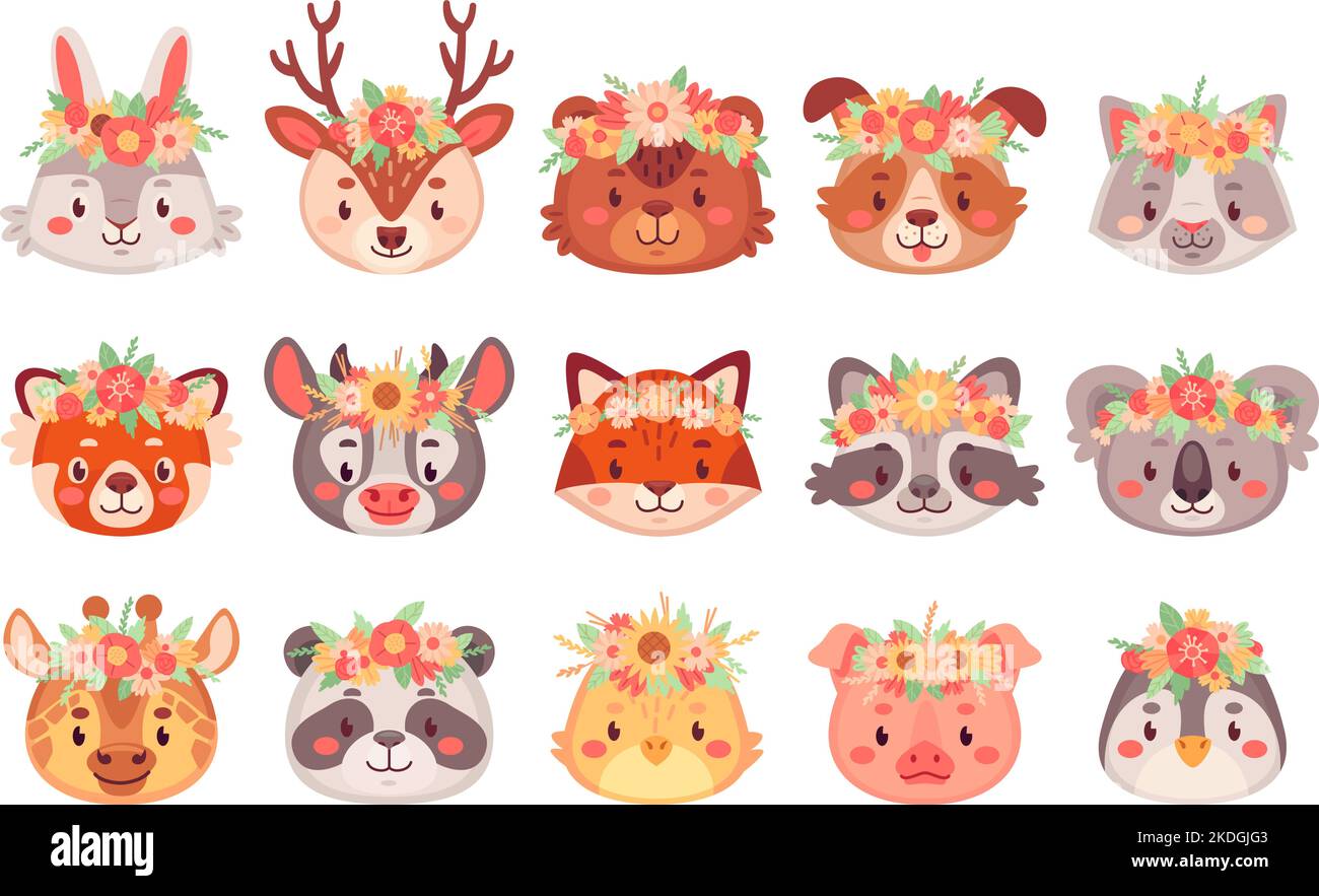 Animal flowers crown. Animals face in floral wreaths, child funny pet ...