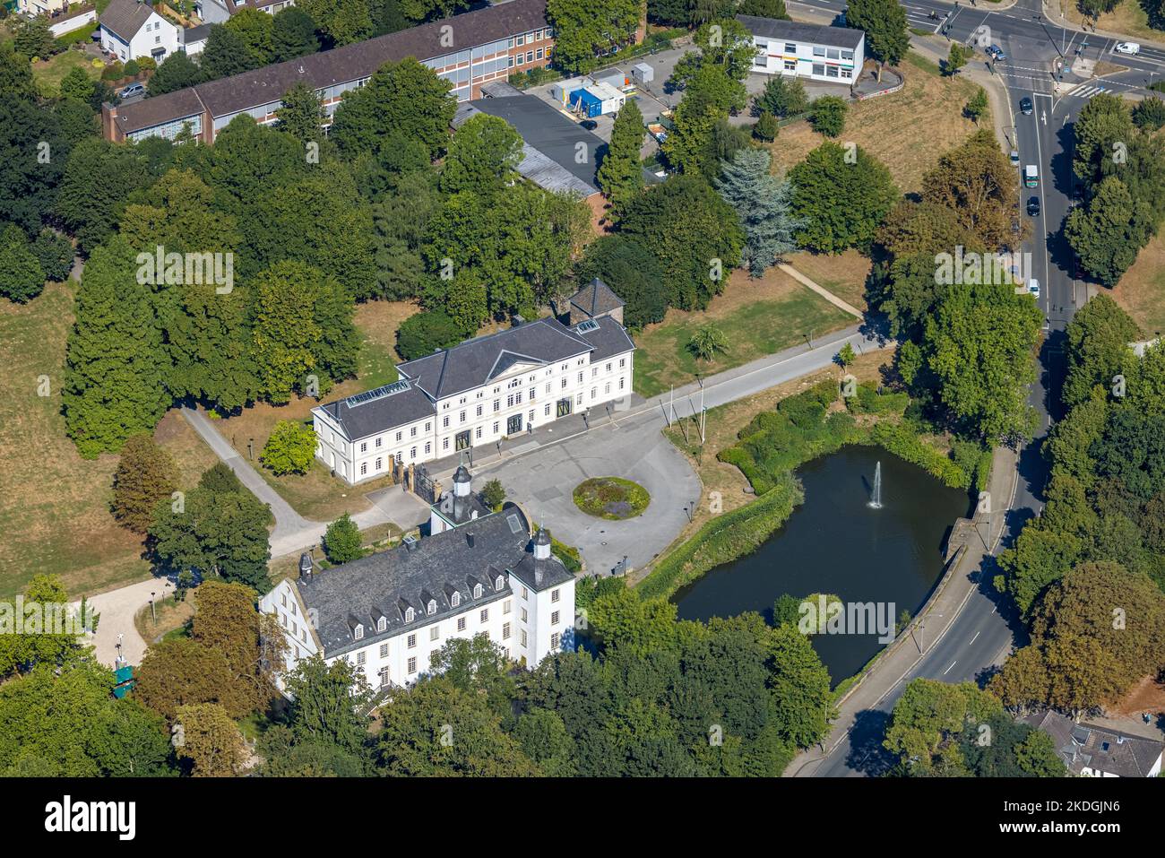 Aerial view, Borbeck castle, pond with water feature, Borbeck center ...