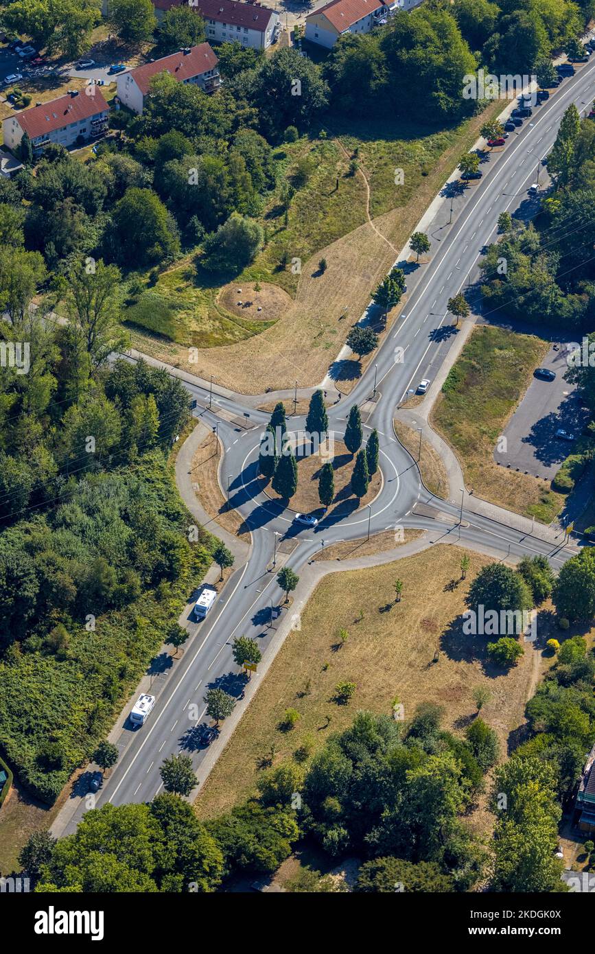 Aerial view, traffic circle with trees, Ahrendahls Wiese, Essen ...