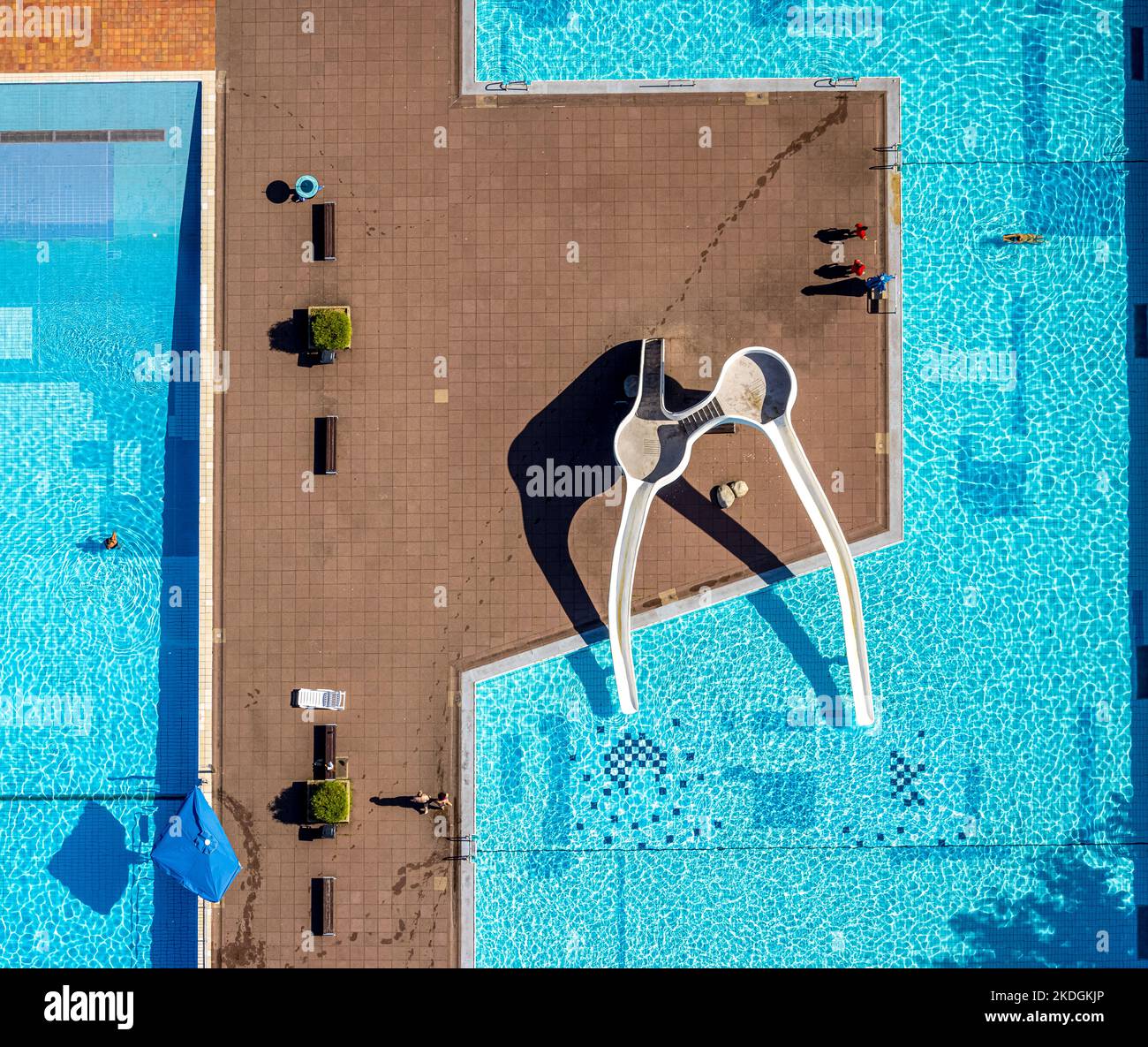 Aerial view, Grugabad, outdoor pool with water slide, shapes and colors ...