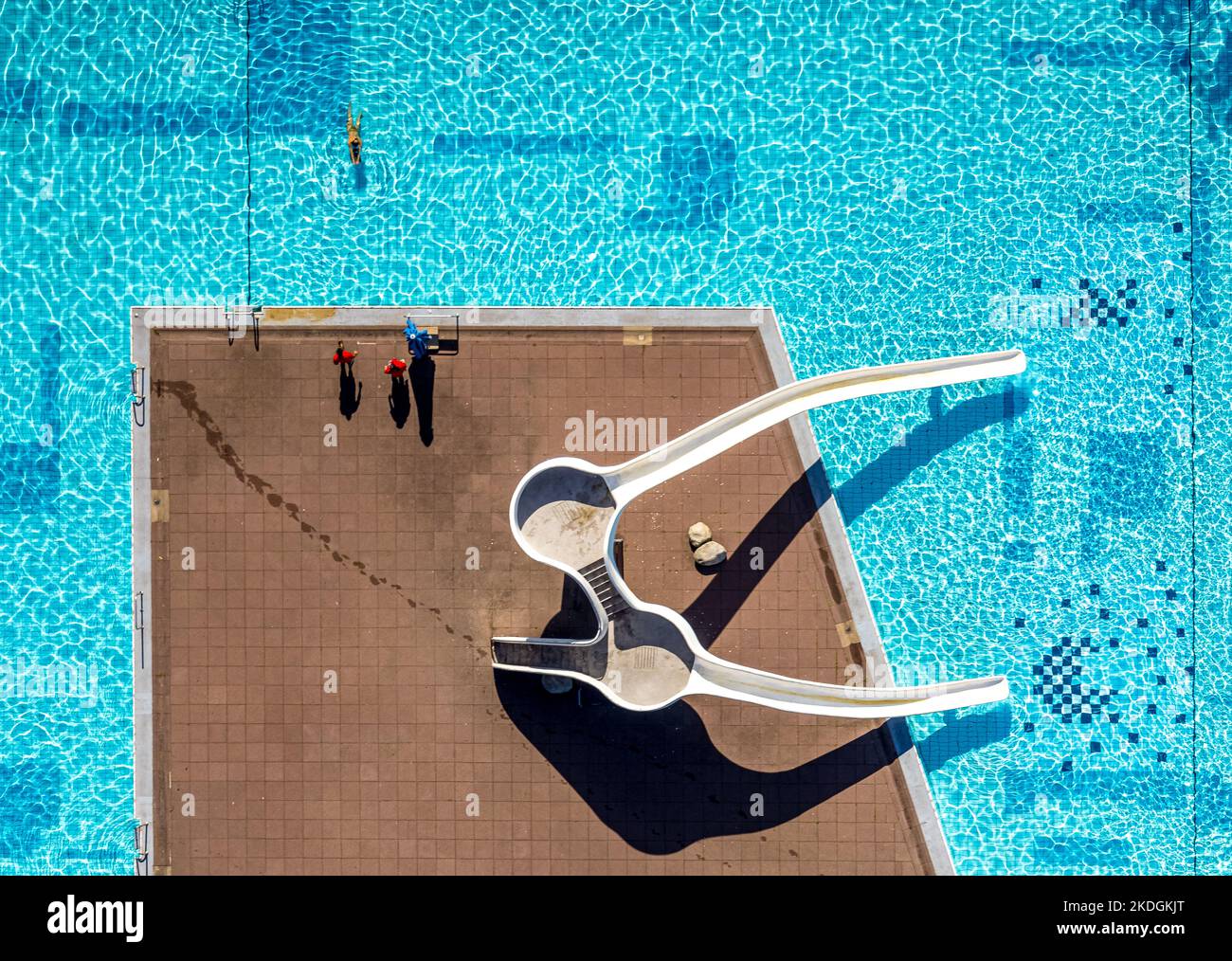 Aerial view, Grugabad, outdoor pool with water slide, shapes and colors ...