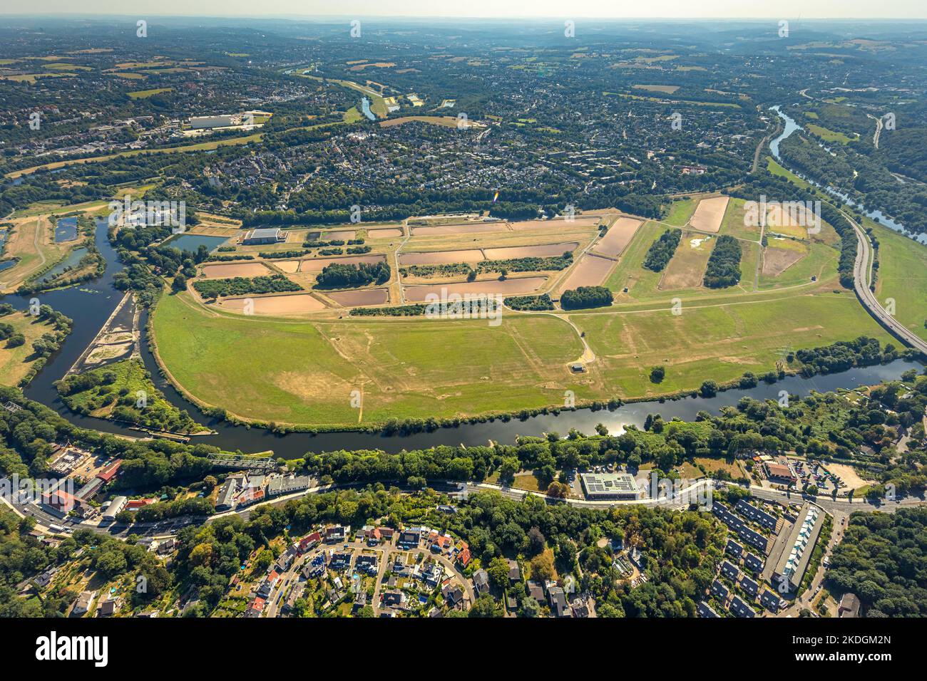 Aerial view, river Ruhr, Ruhr loop, Wassergewinnung Essen GmbH ...