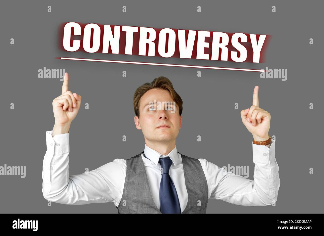 Business concept. Businessman points fingers at the inscription ...