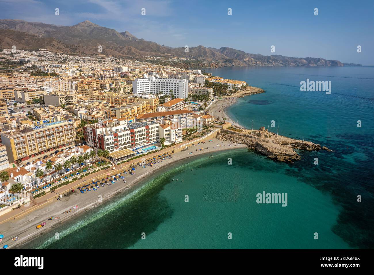 The drone aerial view of Nerja, Andalusia, Spain. Nerja is a ...