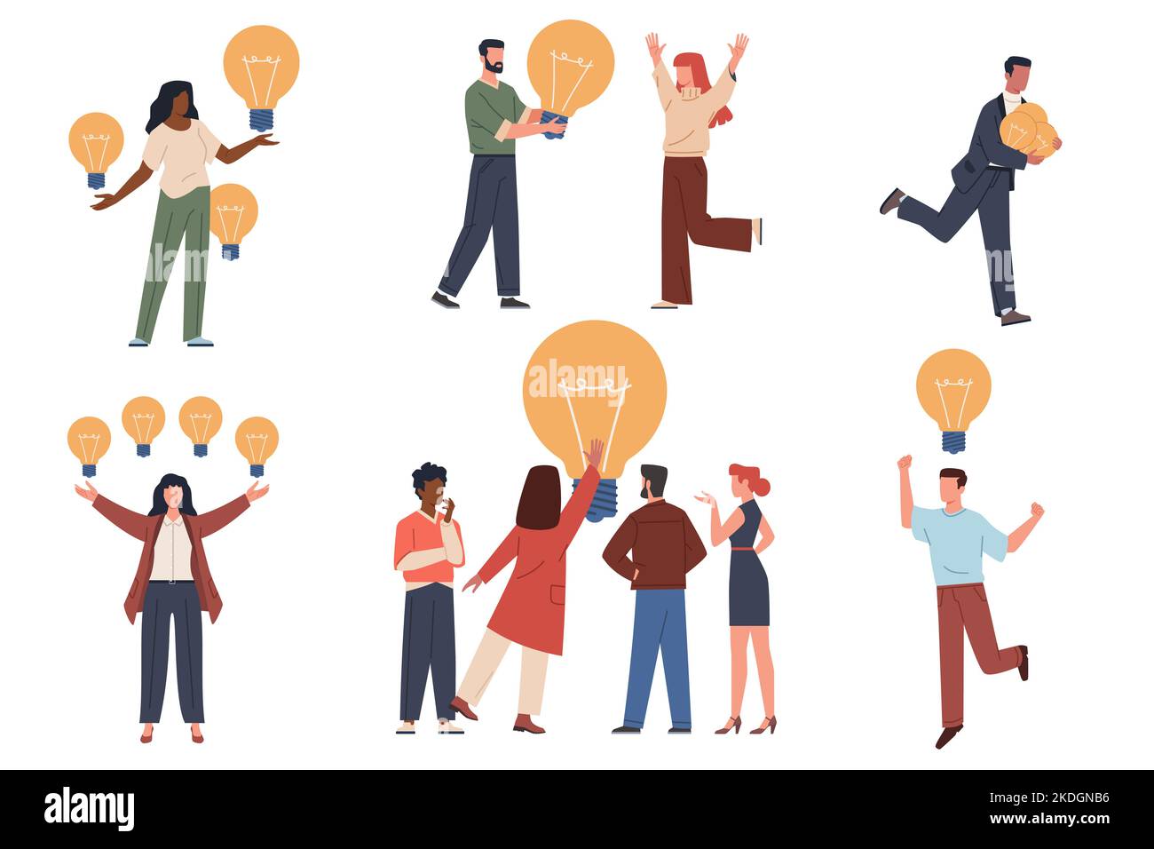 People with idea bulbs. Men and women hold and carry lightbulbs ...
