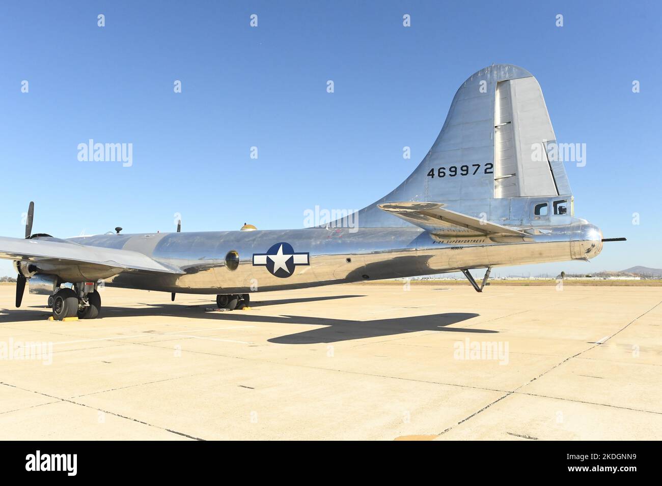 Tail of the Boeing B-29 Superfortress "Doc" on the tarmac at Brown Field in San Diego ...