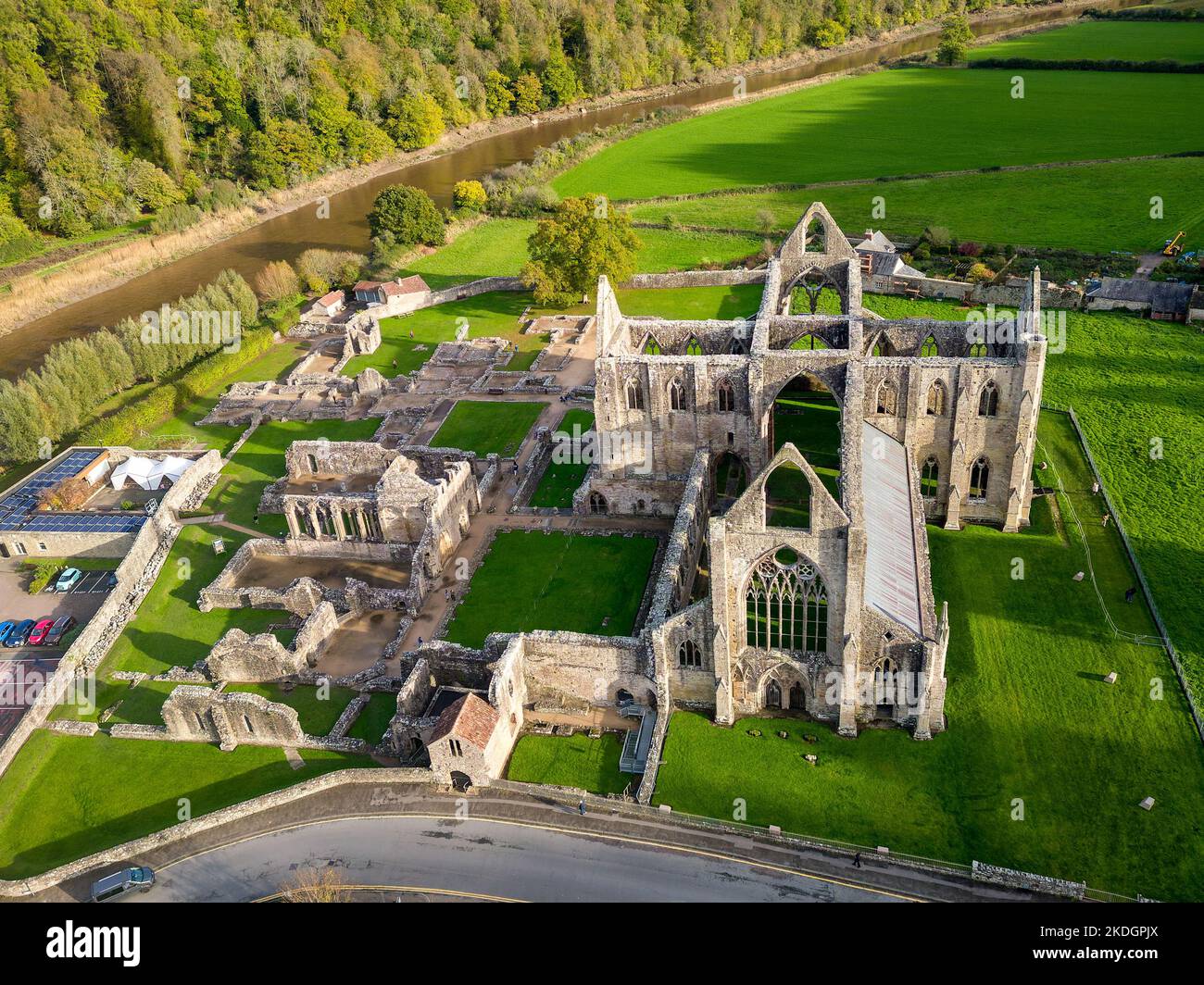 Aerial view of an ancient ruined cistercian monastery (Tintern Abbey ...