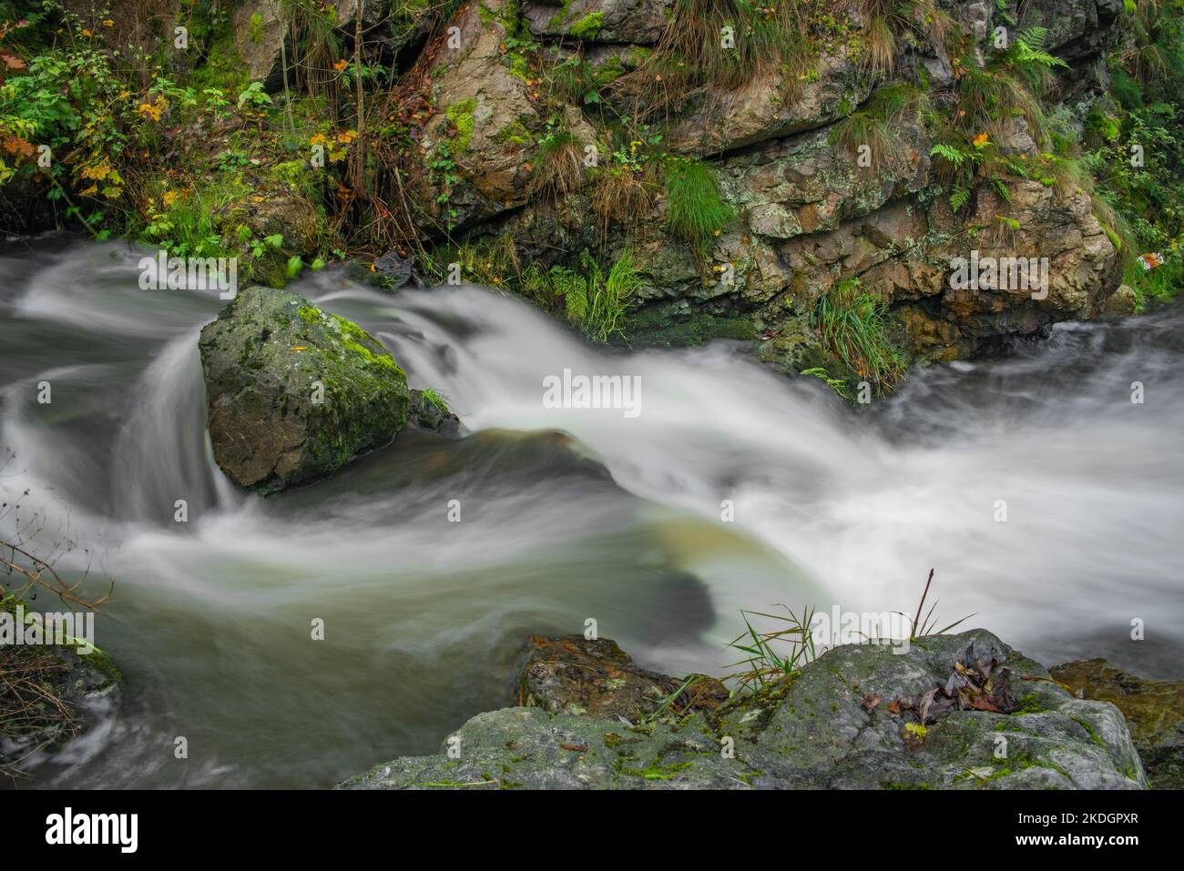 Color valley of Sarecky creek in autumn blue sky day in capital Prague ...