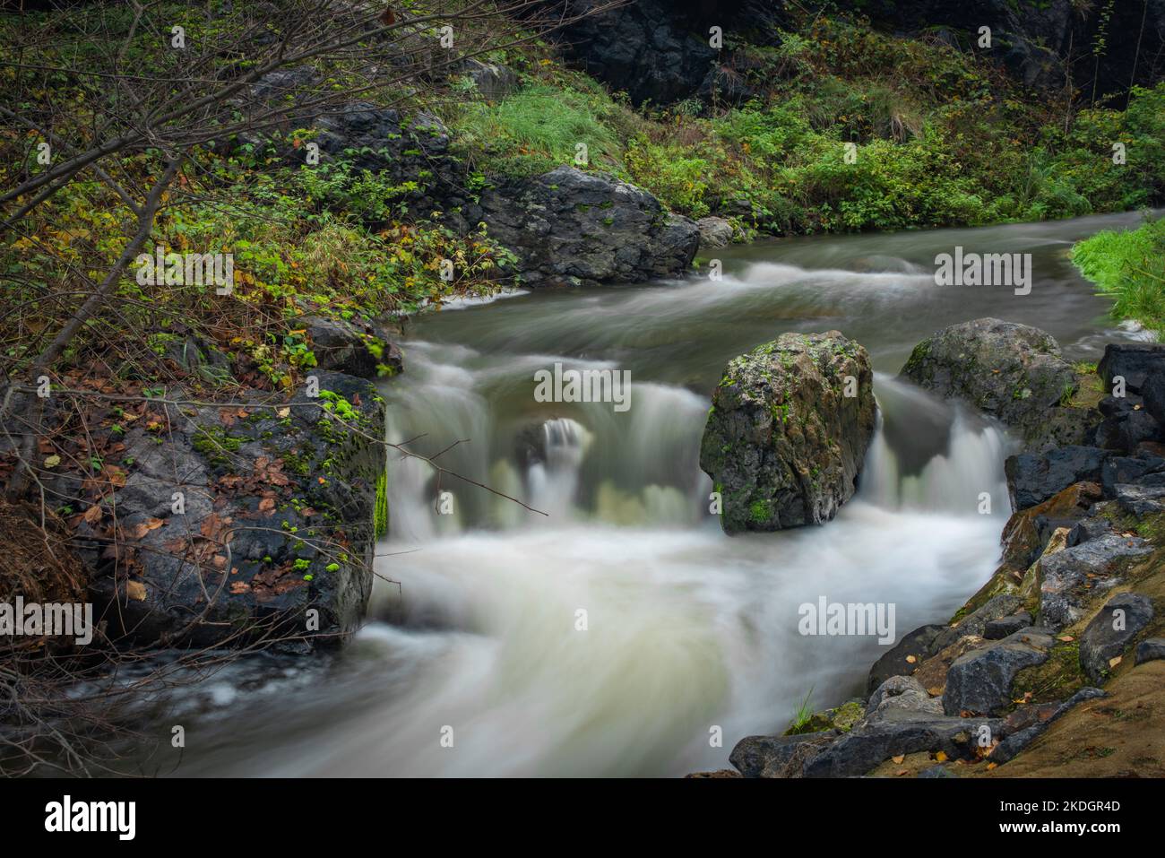 Color valley of Sarecky creek in autumn blue sky day in capital Prague ...