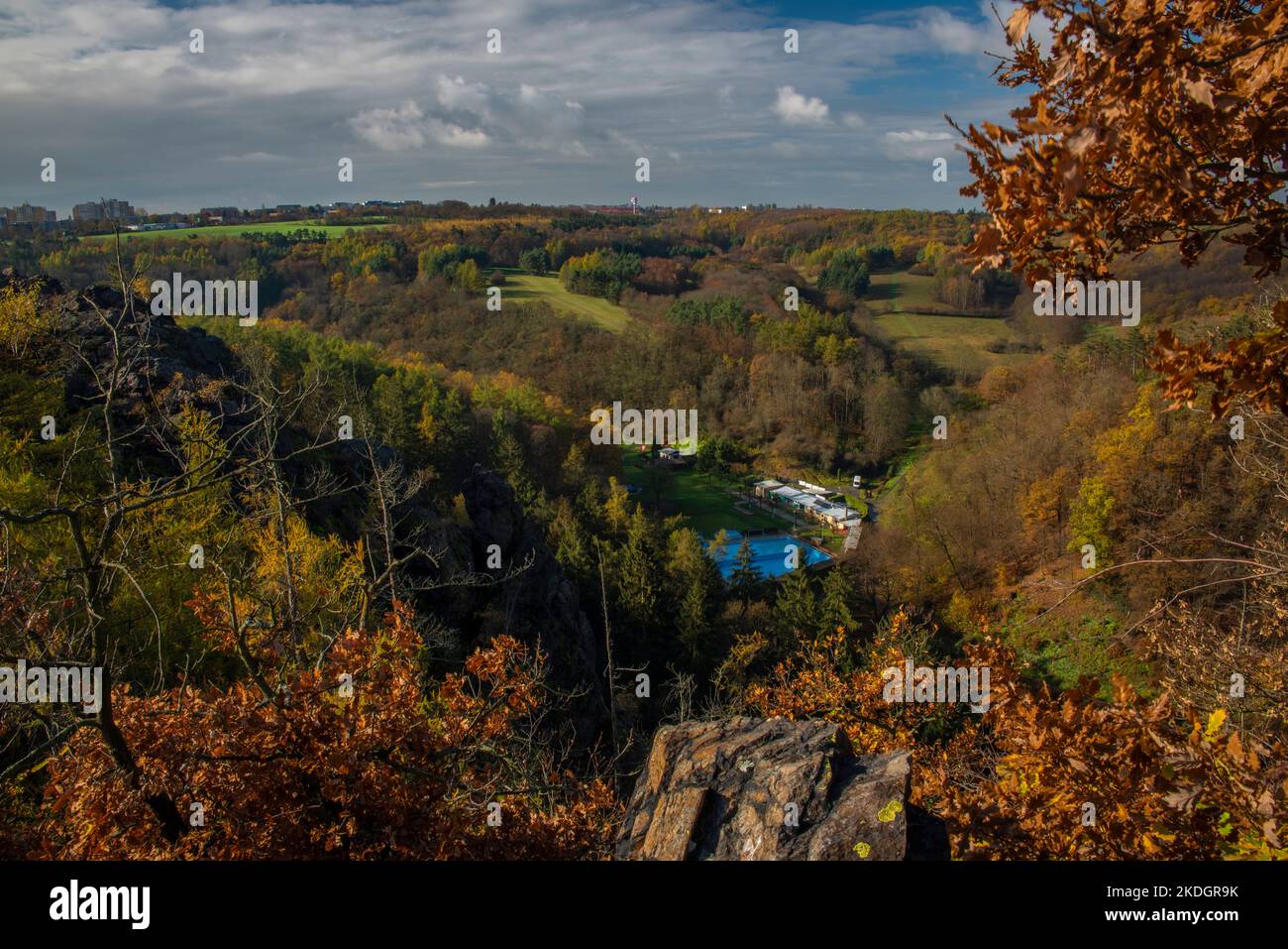 Color valley of Sarecky creek in autumn blue sky day in capital Prague ...