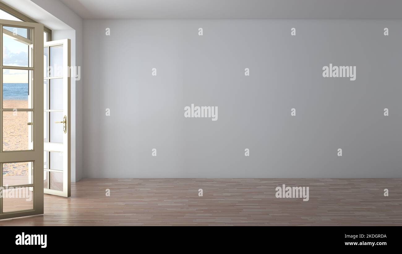 Interior of the White Empty Hotel Room with Open Doors Overlooking the ...