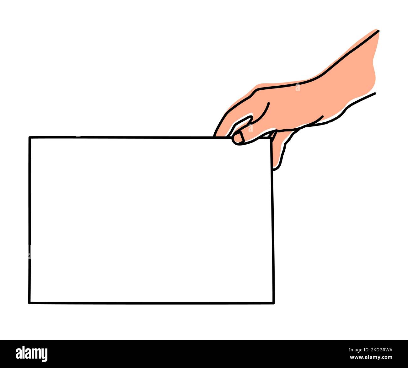 Hand holding A4 paper sheet hand drawn with thin line. Presenting ...