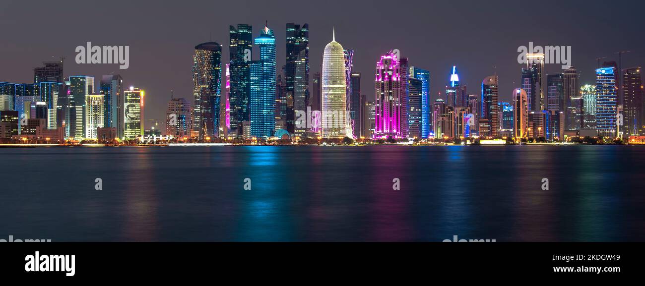 Doha, Qatar- December 23,2019 : Night view of Skyline, Doha's Financial ...
