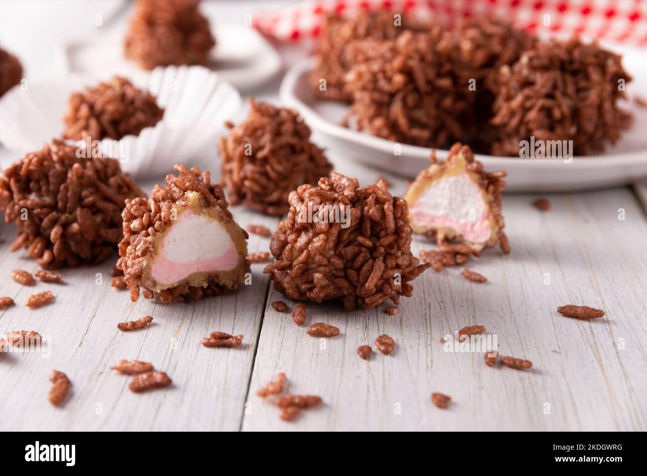 Homemade Caramel Marshmallows covered in chocolate flavor puffed rice ...