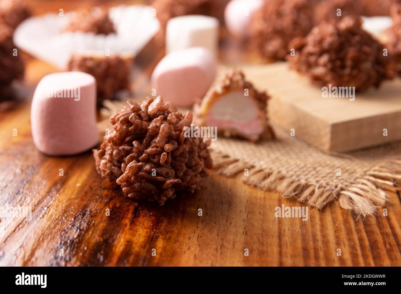 Homemade Caramel Marshmallows covered in chocolate flavor puffed rice ...