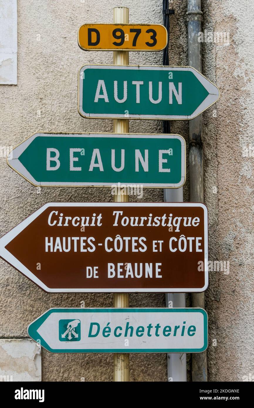 Road signs, Nolay, Bourgogne-Franche-Comté region, France Stock Photo ...