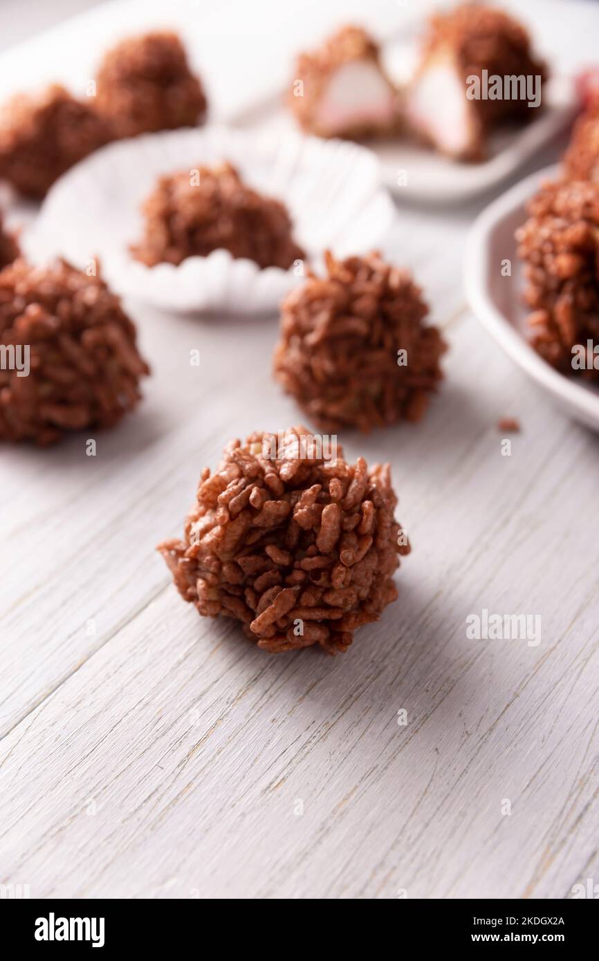 Homemade Caramel Marshmallows covered in chocolate flavor puffed rice ...