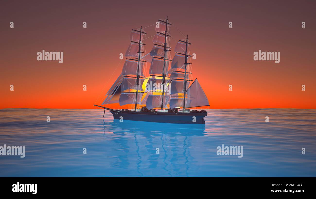 big sailing ship at sea at sunset. 3d rendering Stock Photo - Alamy