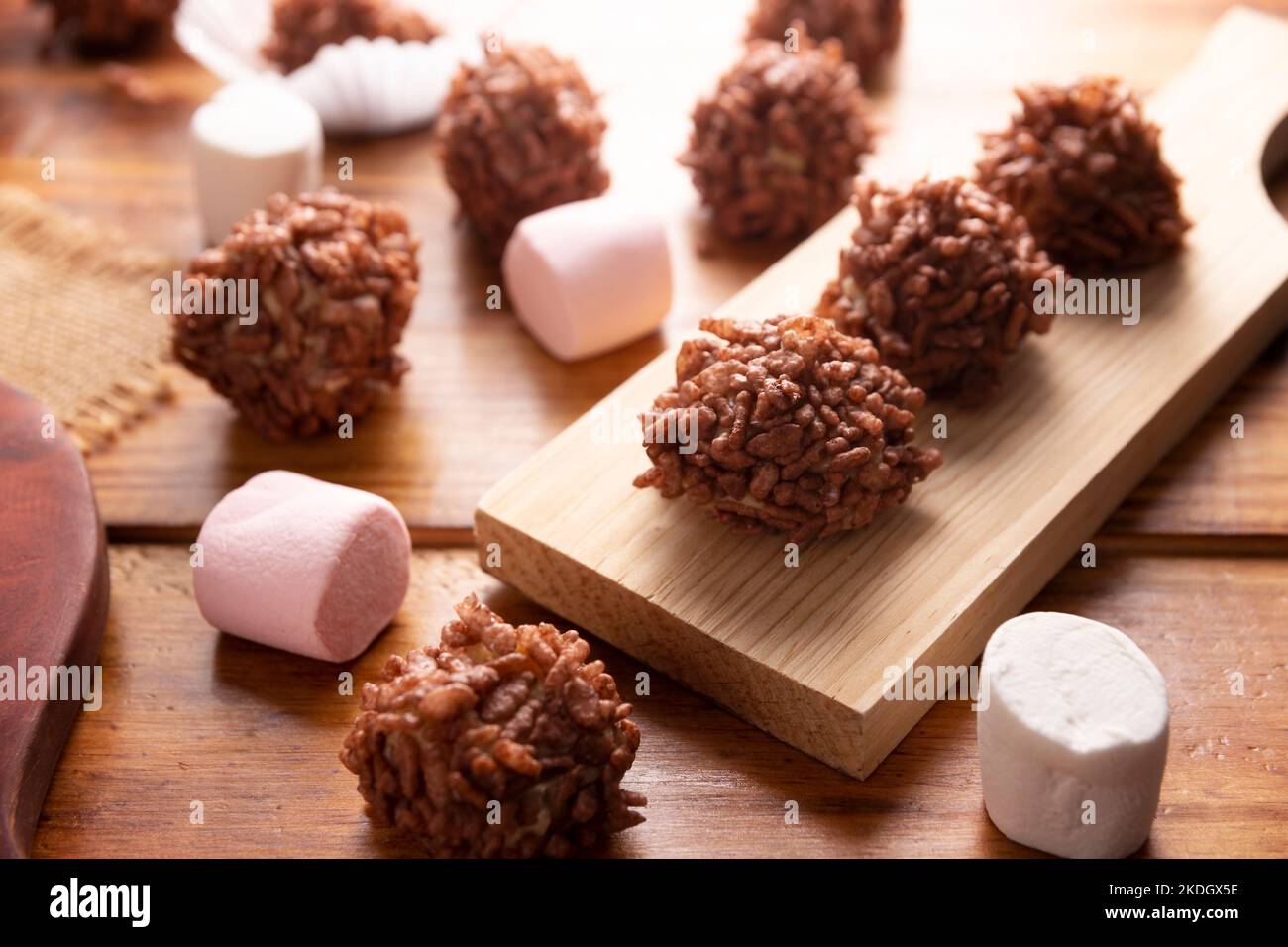 Homemade Caramel Marshmallows covered in chocolate flavor puffed rice ...