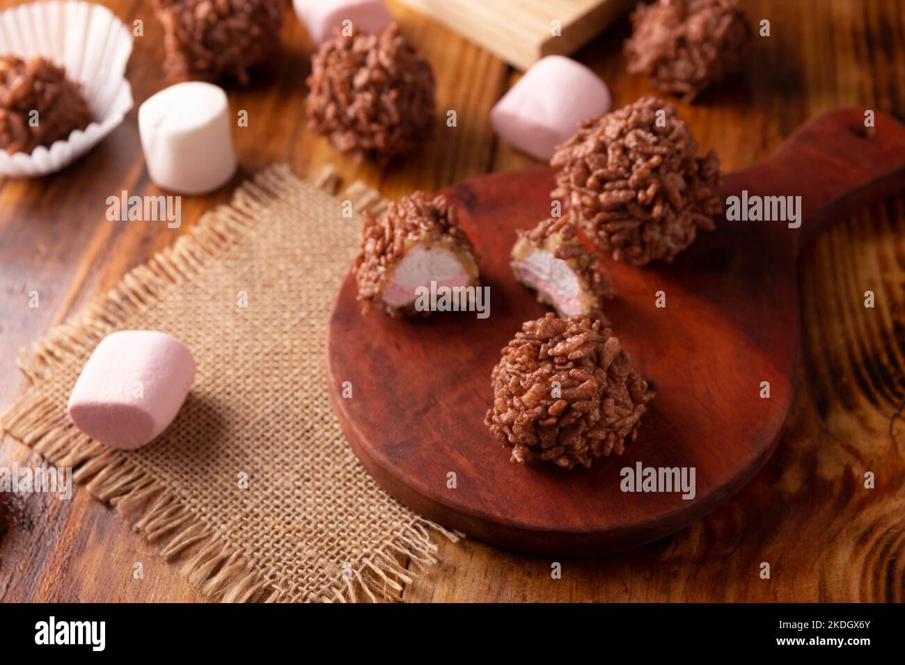 Homemade Caramel Marshmallows covered in chocolate flavor puffed rice ...