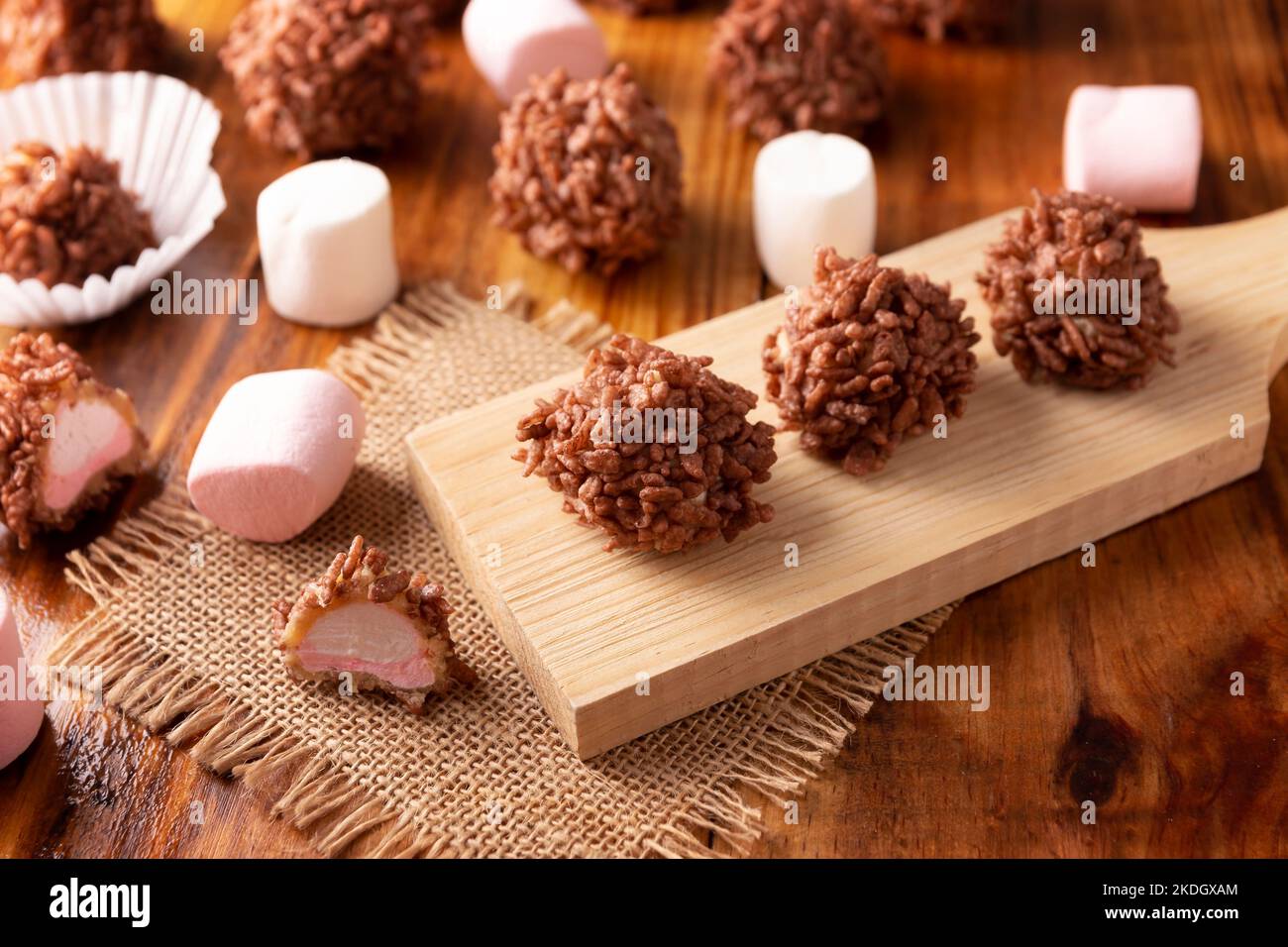 Homemade Caramel Marshmallows covered in chocolate flavor puffed rice ...