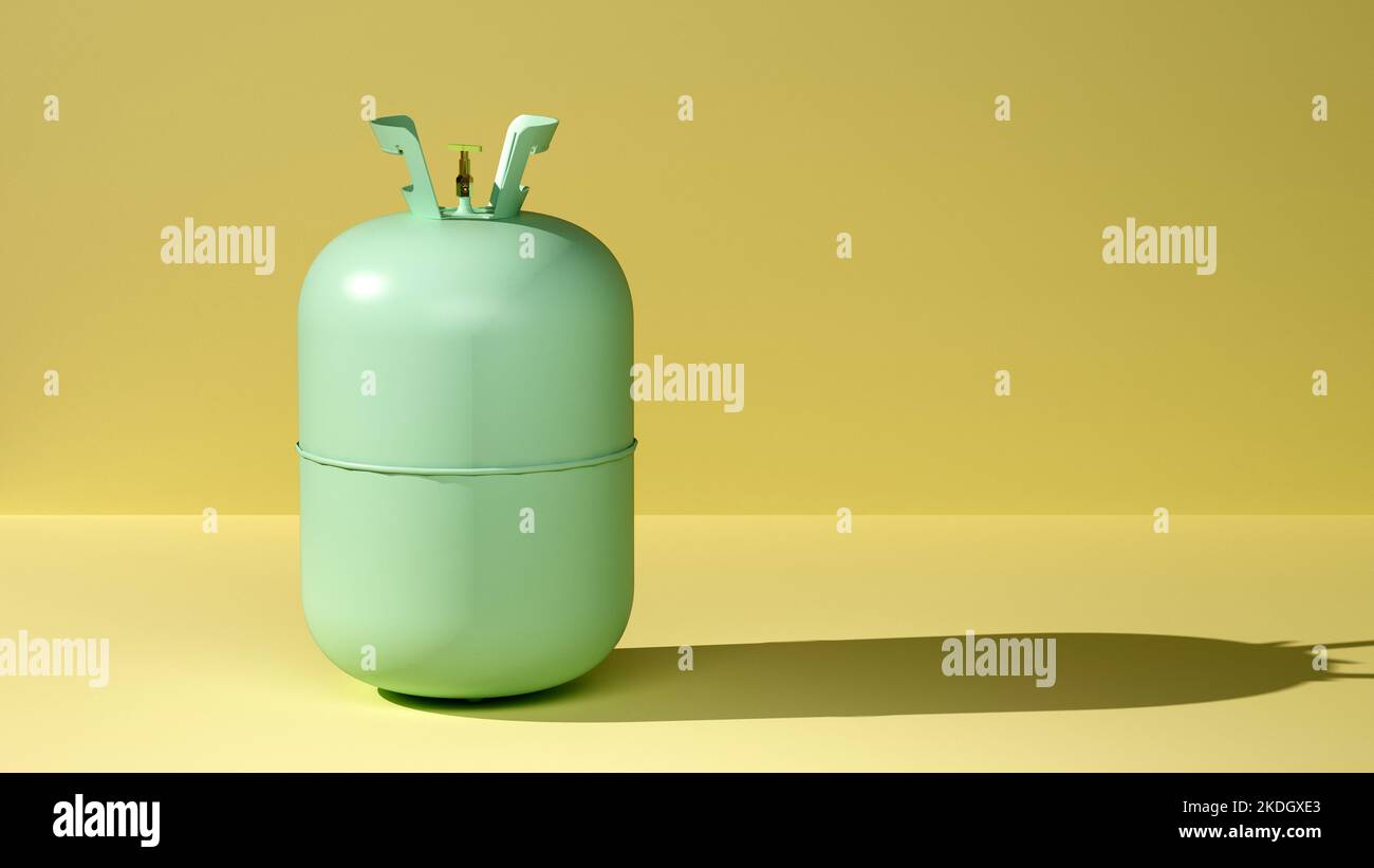 green tank freon and hose for refueling and copy space. 3d rendering ...