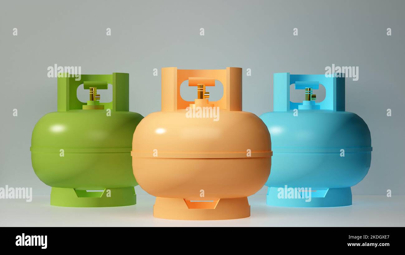 three gas bottle random color on grey background. 3d rendering Stock ...