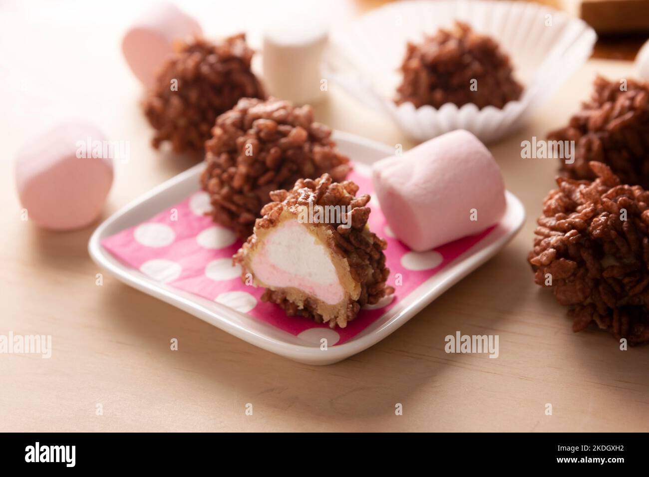 Homemade Caramel Marshmallows covered in chocolate flavor puffed rice ...