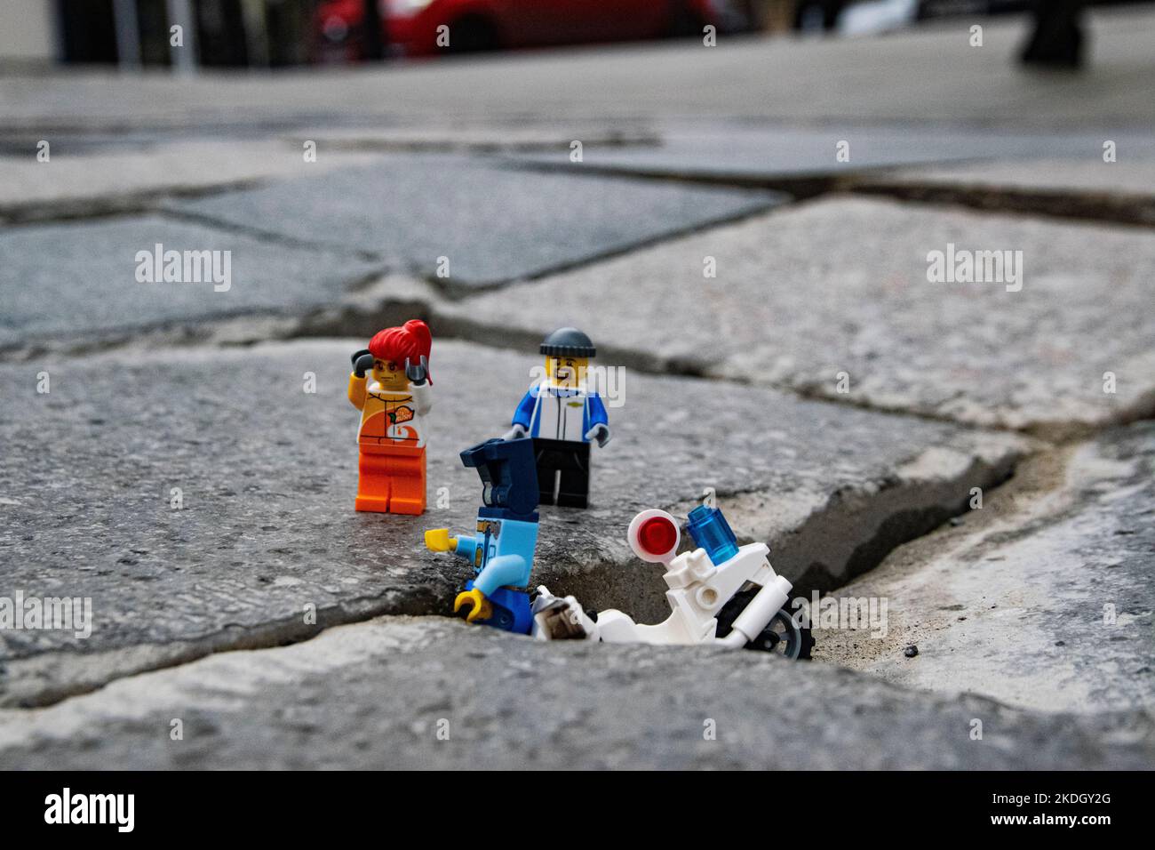 Lego models, Crashes, small Lego in a big world Stock Photo - Alamy