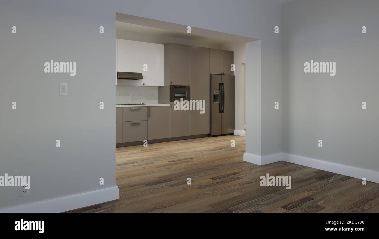 Long kitchen with a large refrigerator and a window over the sink. 3d ...